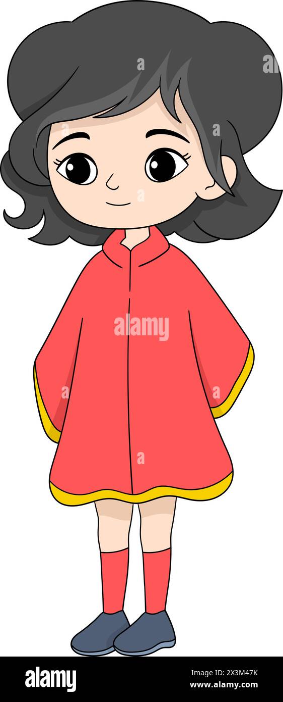 doodle cartoon illustration, Chinese girl mascot wearing traditional ...