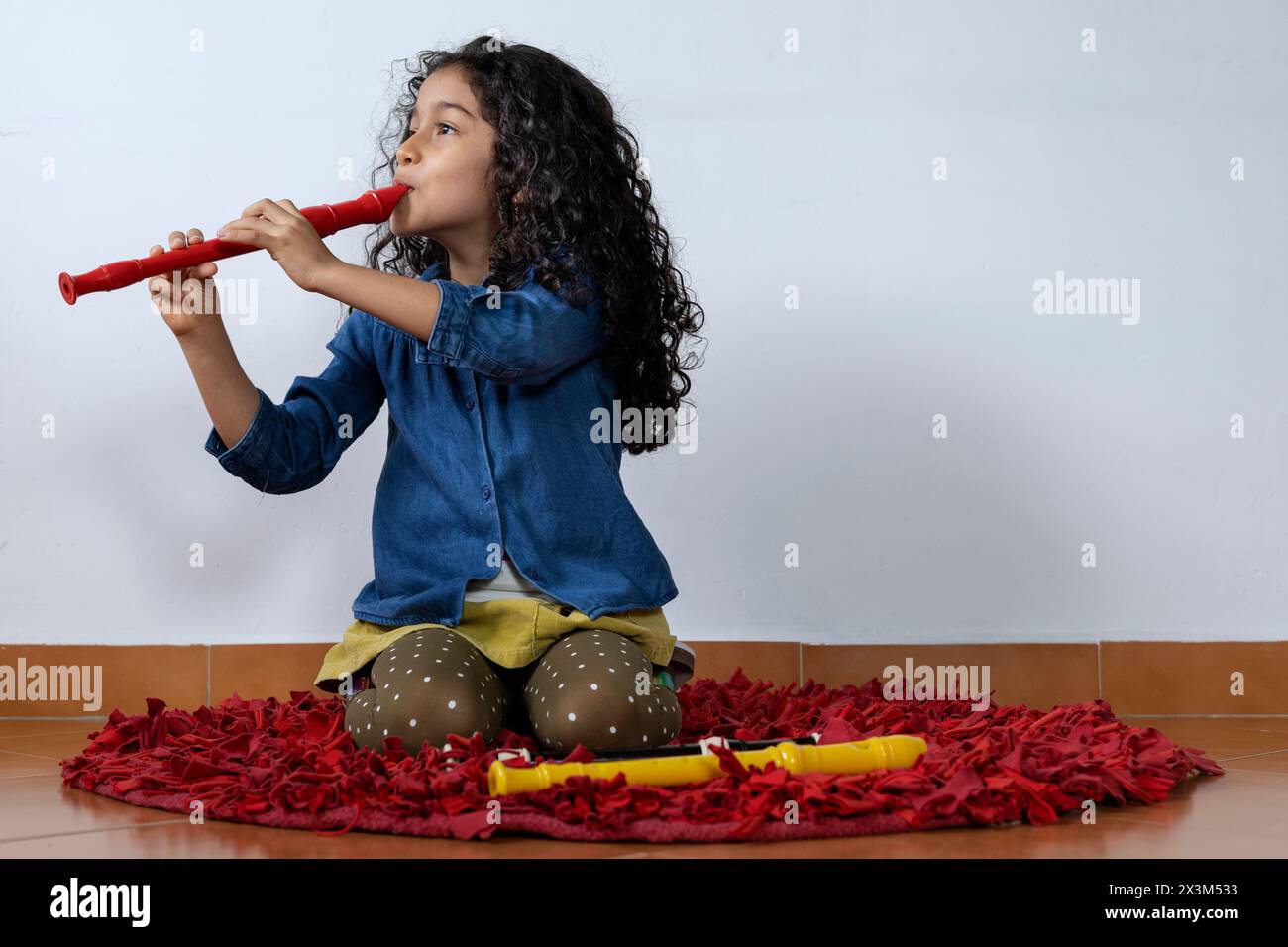 Latin American girl playing with skill the soprano recorder Stock Photo ...