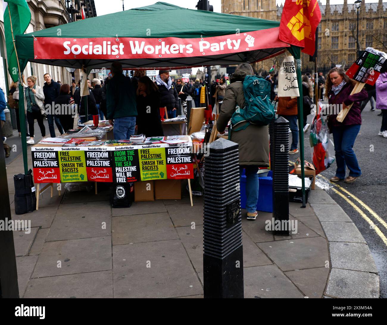 London, UK. April 27, 2023. Information hub, with protest boards and ...