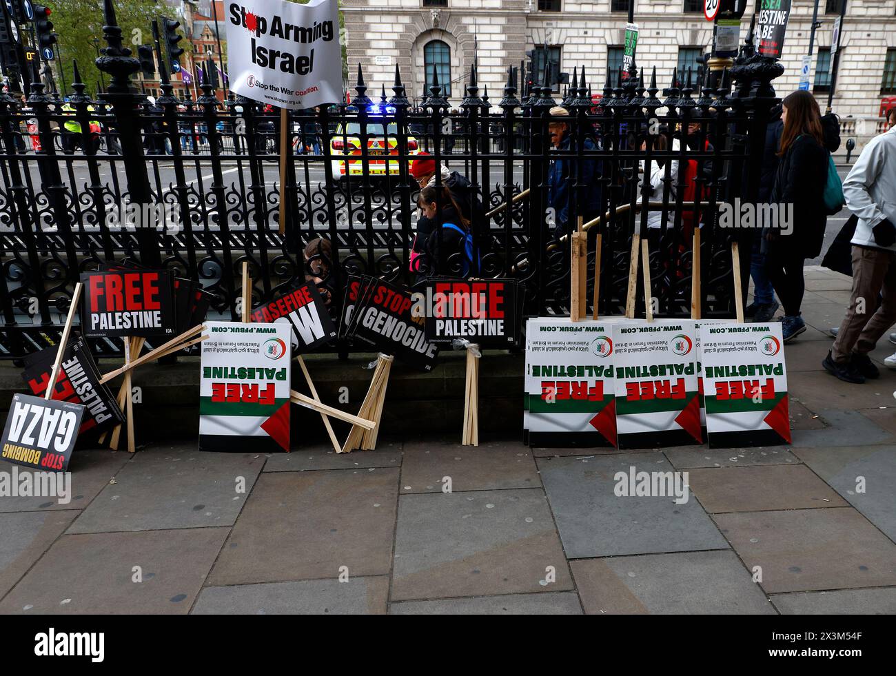London, UK. April 27, 2023. Protest boards, courtesy of Palestinian ...