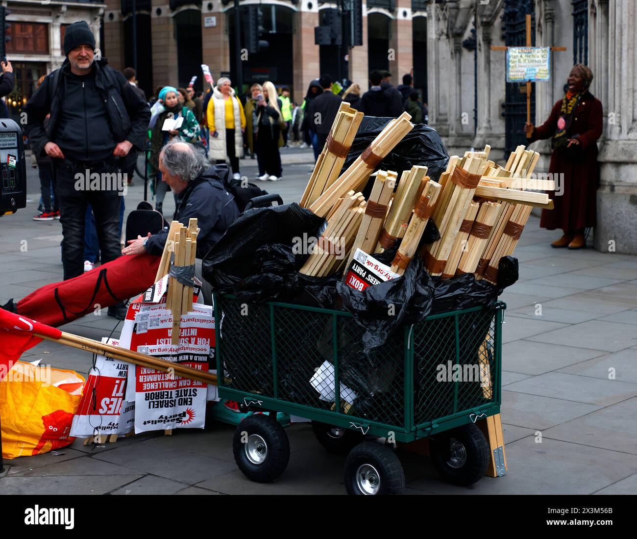 London, UK. April 27, 2023. Protest boards, courtesy of Socialist Party ...