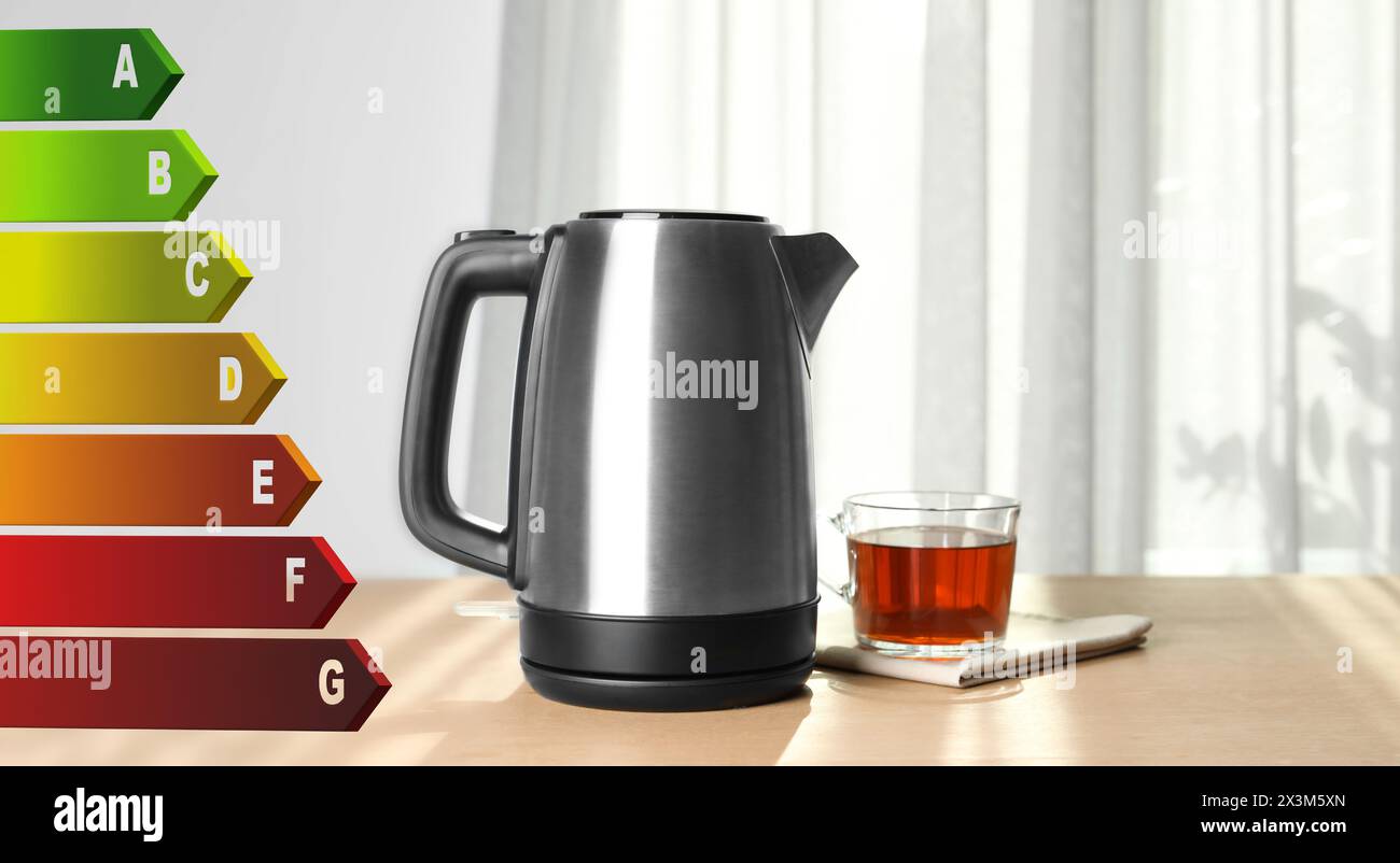 Energy efficiency rating label and electric kettle in kitchen Stock ...