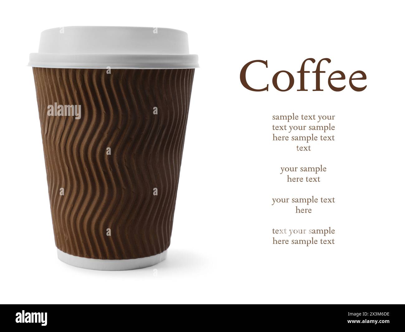 Aromatic coffee in paper cup and text sample on white background Stock ...