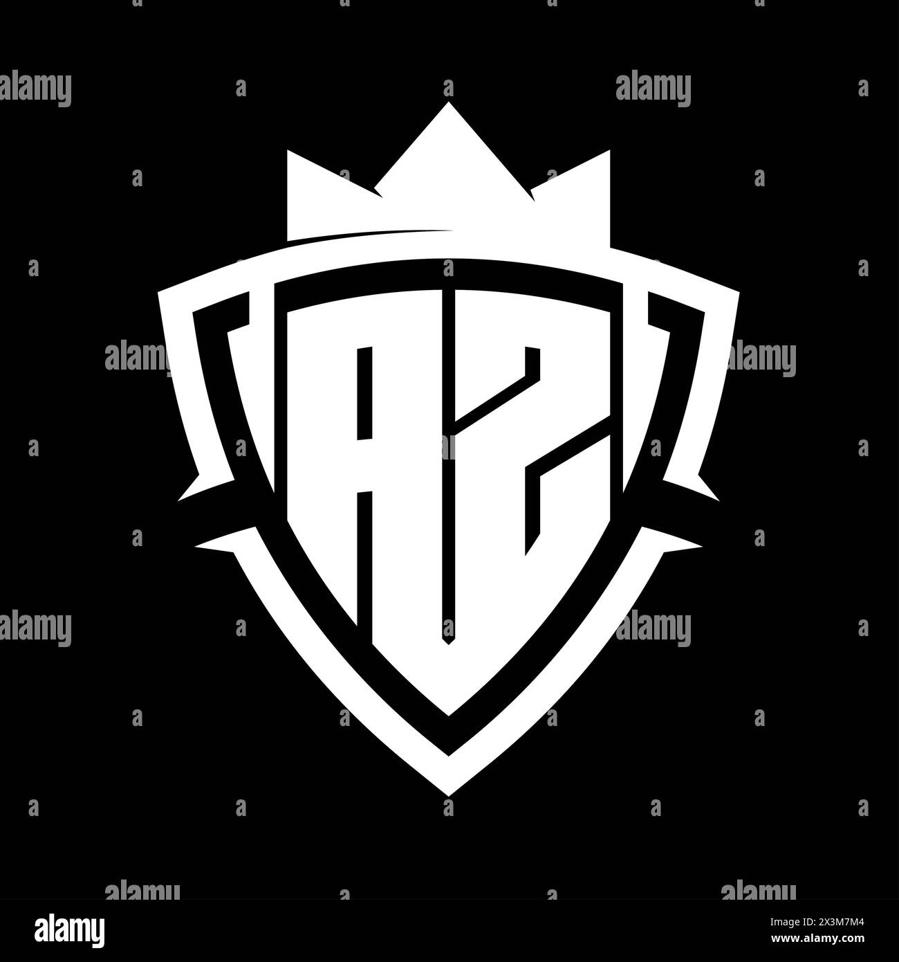 AZ Letter bold monogram with triangle curve shield shape with crown white and black background ...