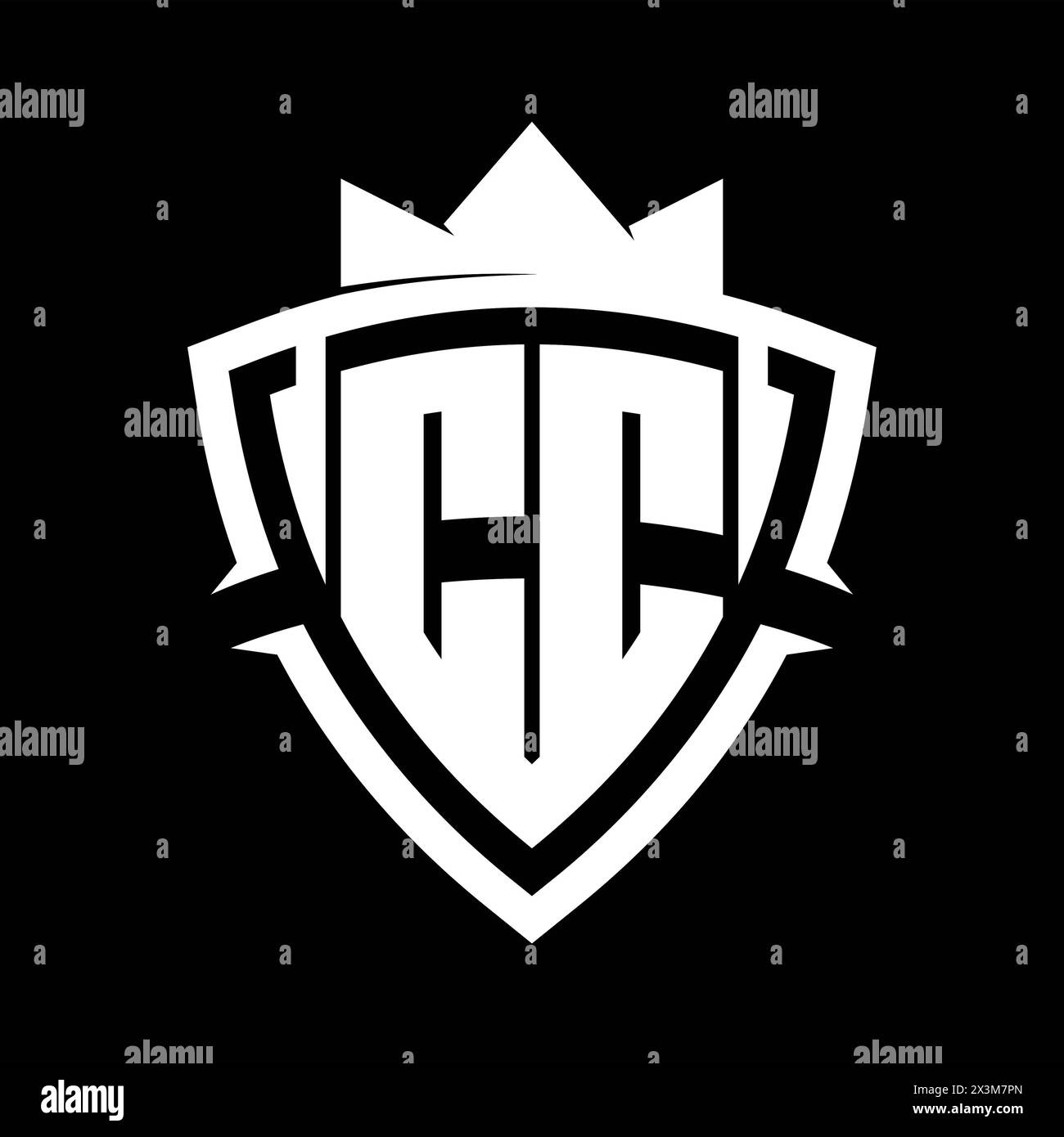 CC Letter bold monogram with triangle curve shield shape with crown white and black background ...