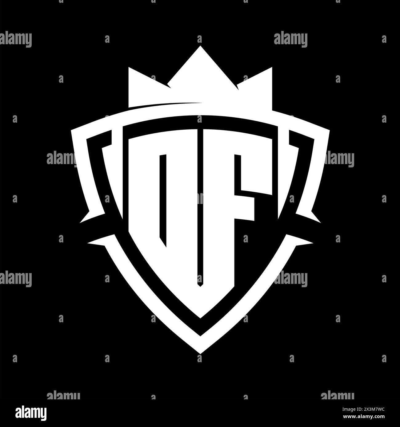 DF Letter bold monogram with triangle curve shield shape with crown white and black background ...