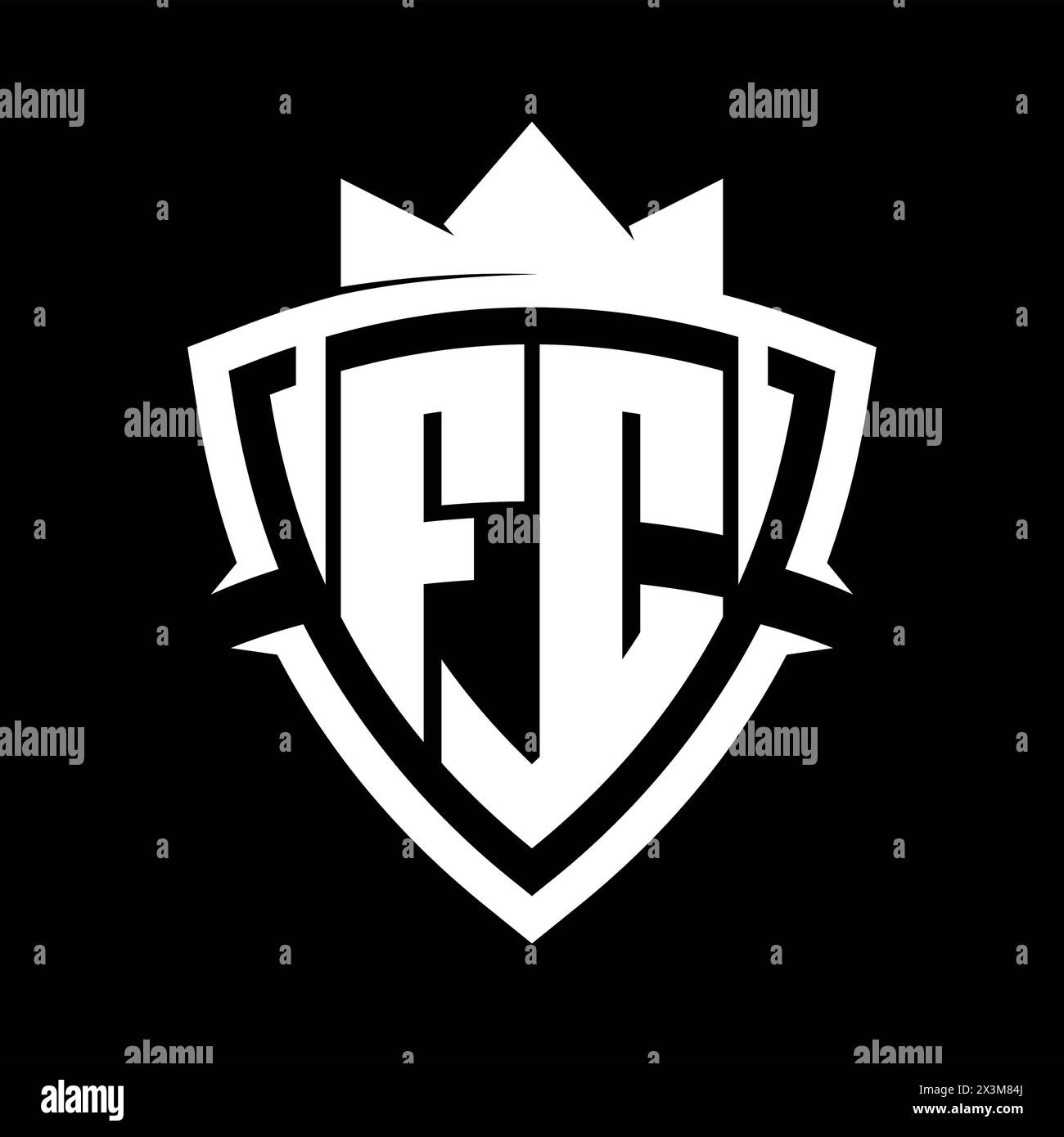 FC Letter bold monogram with triangle curve shield shape with crown white and black background ...