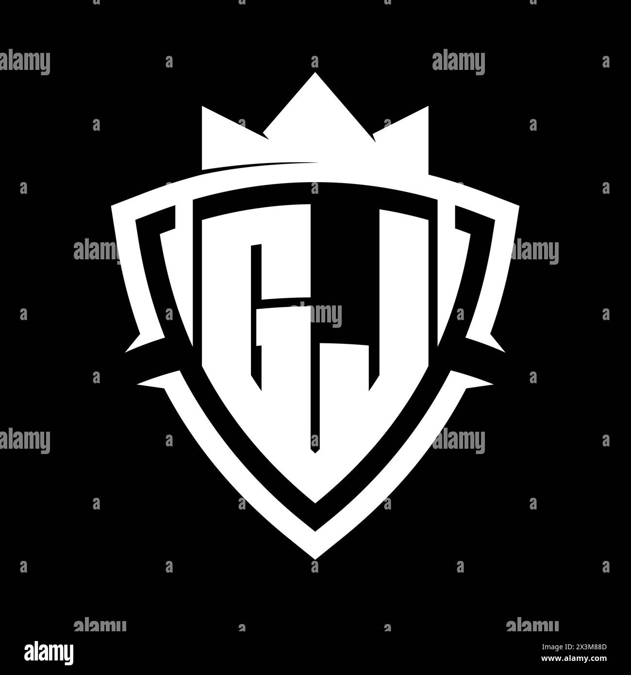 GJ Letter bold monogram with triangle curve shield shape with crown white and black background ...