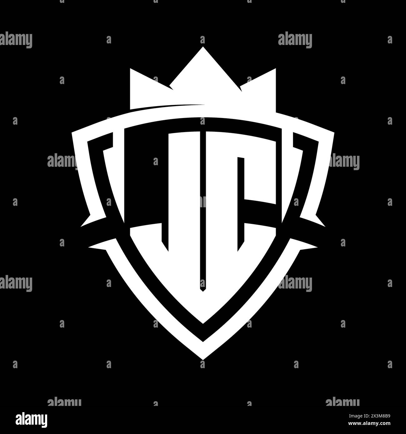 JC Letter bold monogram with triangle curve shield shape with crown white and black background ...