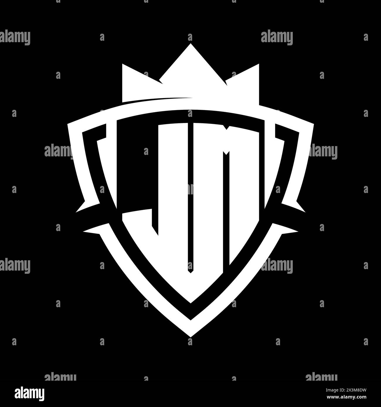 JM Letter bold monogram with triangle curve shield shape with crown white and black background ...