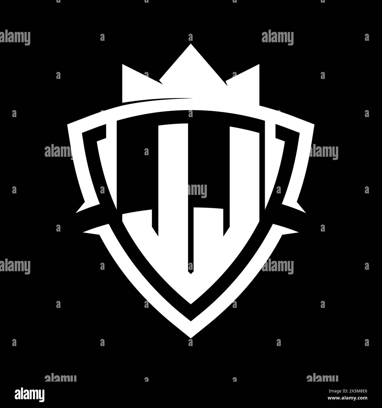 JJ Letter bold monogram with triangle curve shield shape with crown white and black background ...