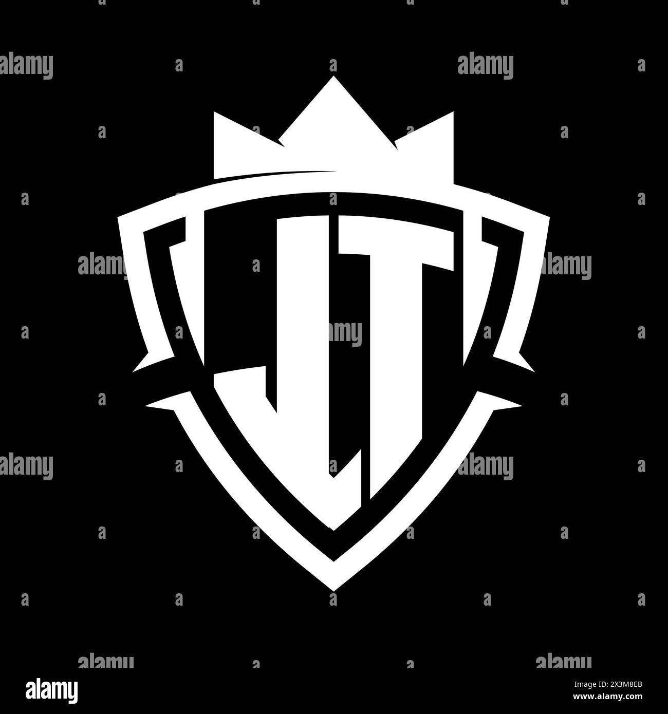 JT Letter bold monogram with triangle curve shield shape with crown white and black background ...