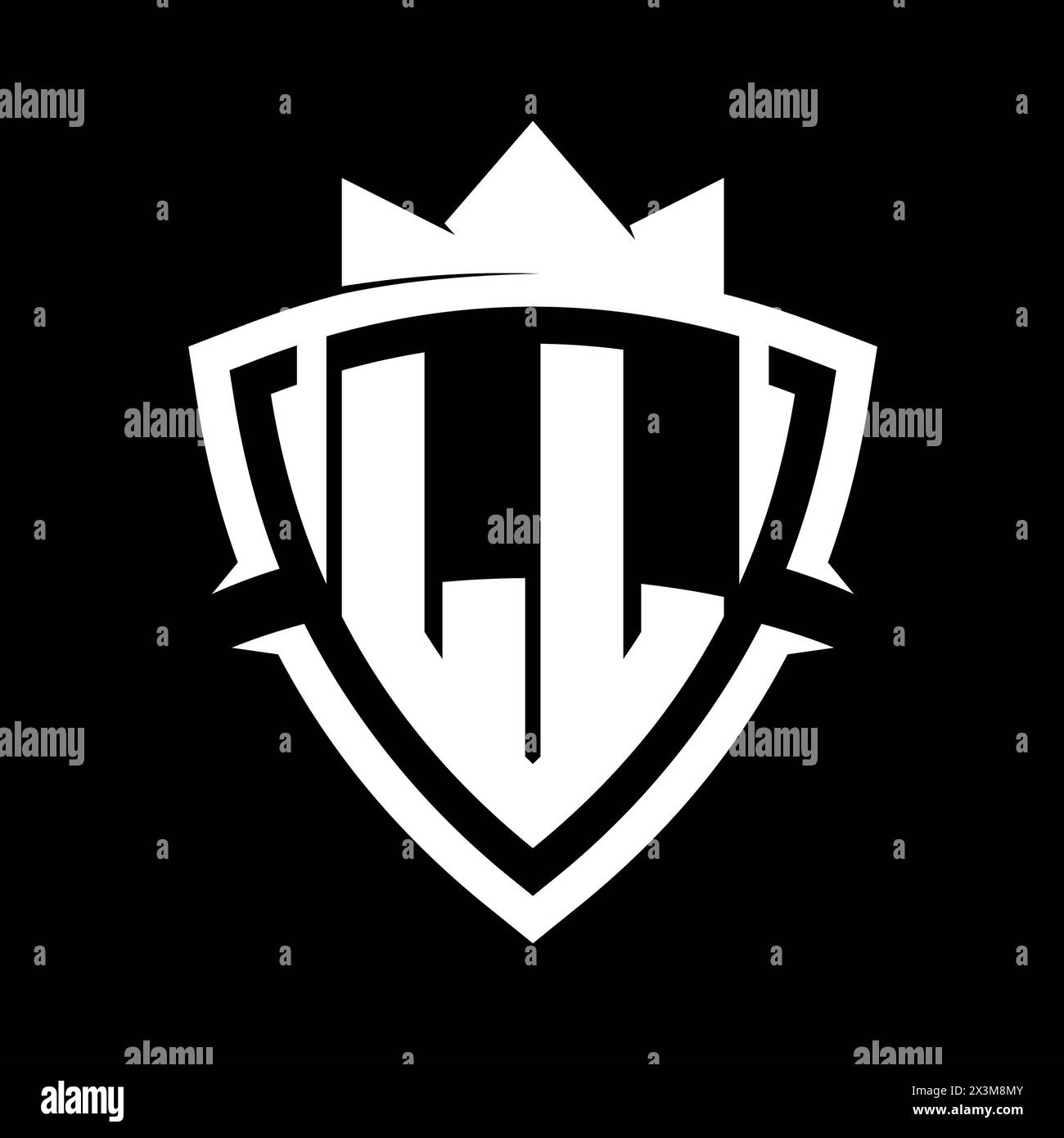LL Letter bold monogram with triangle curve shield shape with crown white and black background ...