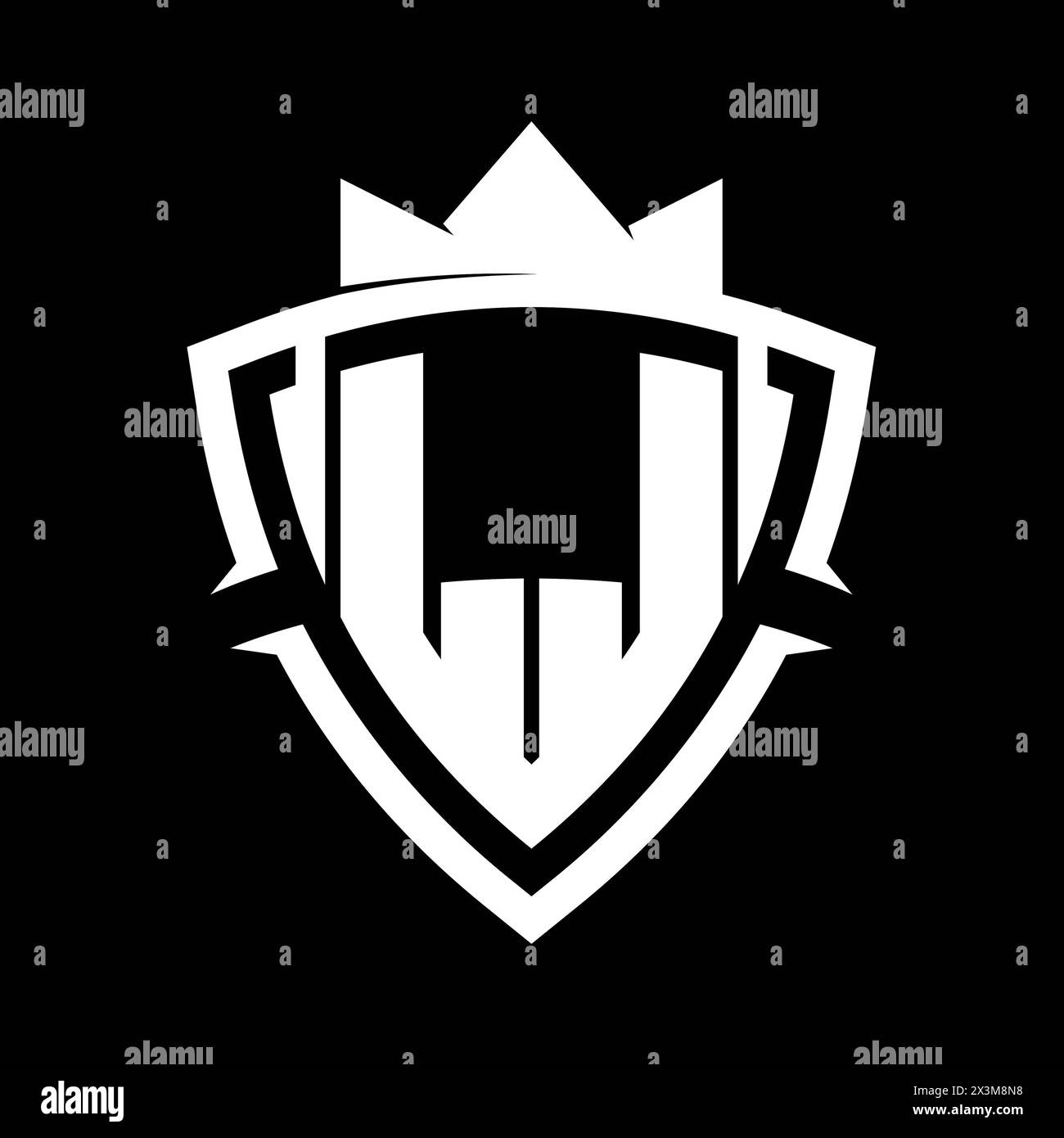 LJ Letter bold monogram with triangle curve shield shape with crown white and black background ...