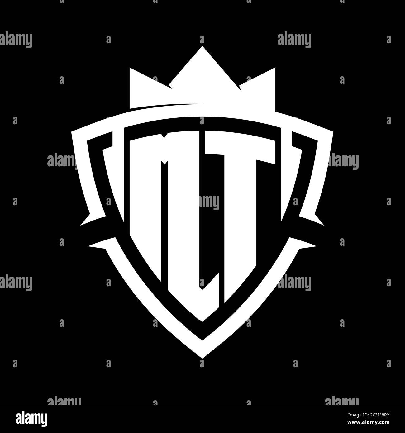 MT Letter bold monogram with triangle curve shield shape with crown white and black background ...