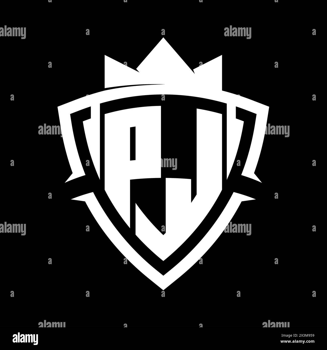 PJ Letter bold monogram with triangle curve shield shape with crown ...