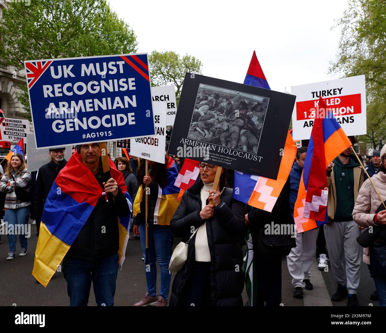 London, UK. April 27, 2024. Armenian community, showing placards and ...