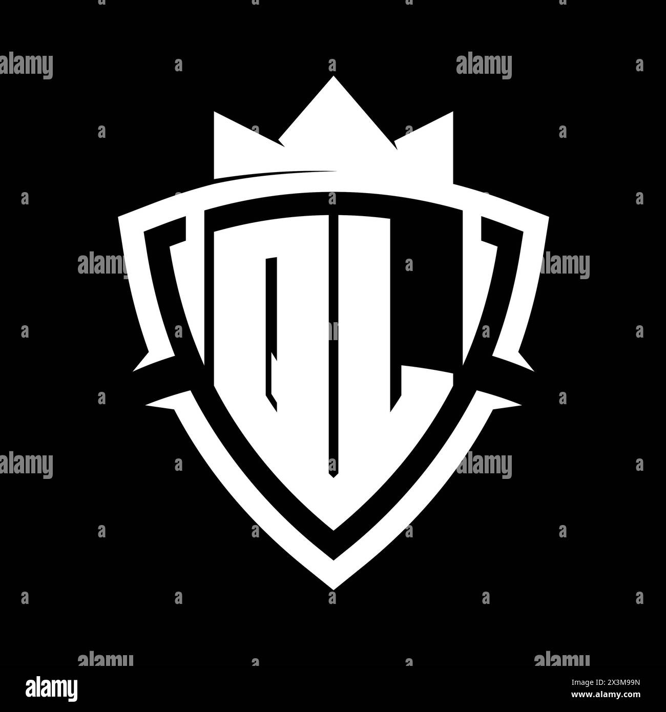 QL Letter bold monogram with triangle curve shield shape with crown white and black background ...