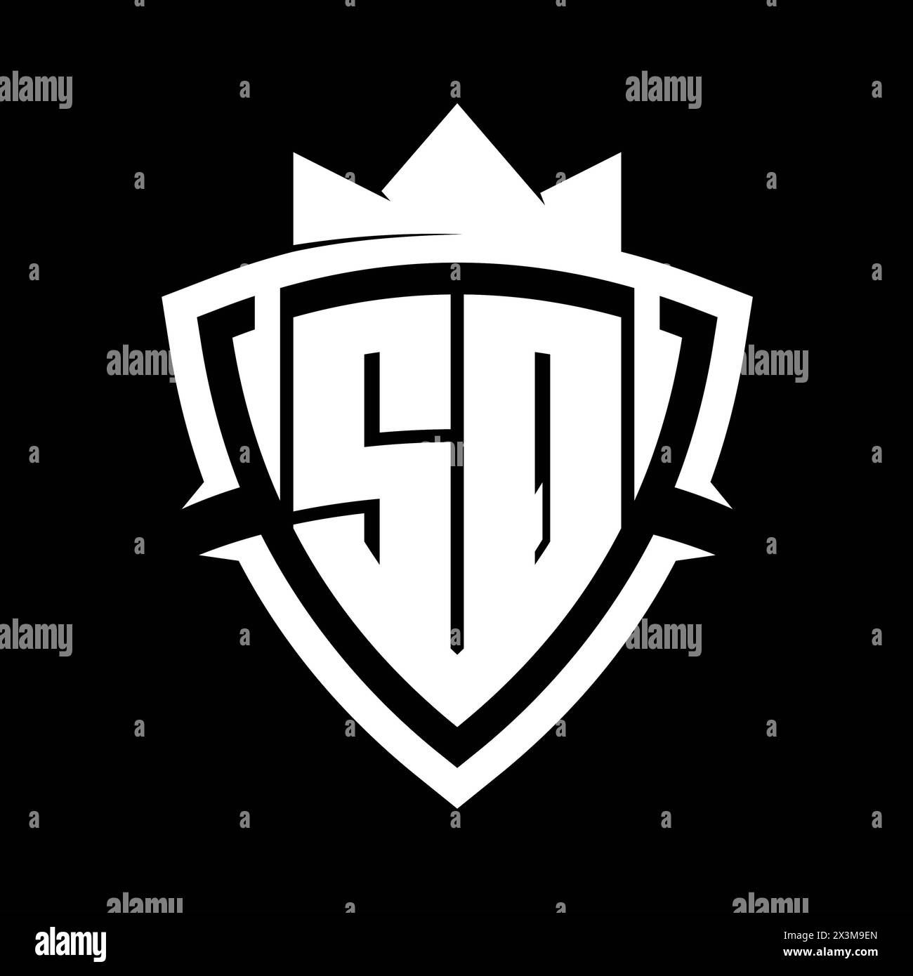 SQ Letter bold monogram with triangle curve shield shape with crown white and black background ...