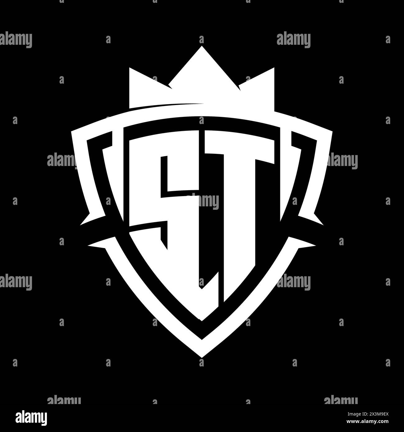 ST Letter bold monogram with triangle curve shield shape with crown white and black background ...