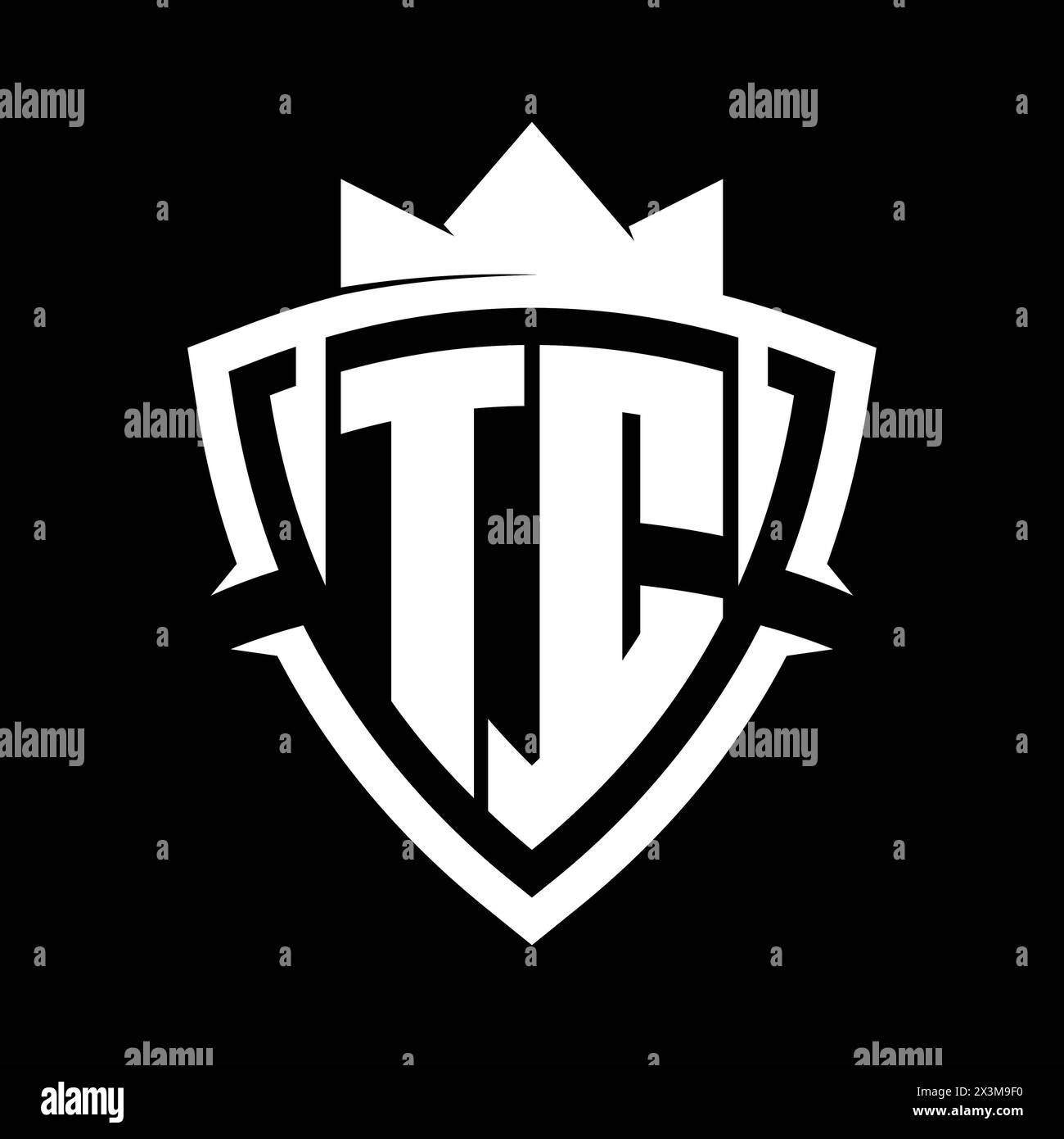 TC Letter bold monogram with triangle curve shield shape with crown white and black background ...