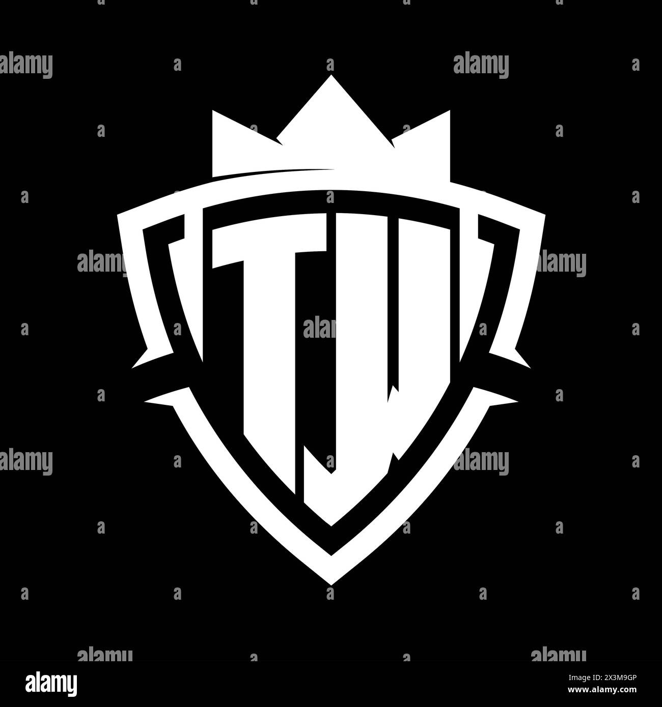 TW Letter bold monogram with triangle curve shield shape with crown white and black background ...