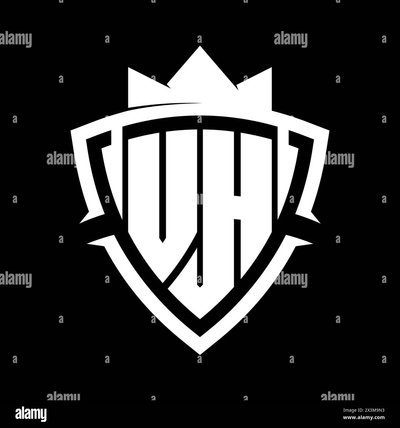 Vh Letter Bold Monogram With Triangle Curve Shield Shape With Crown White And Black Background