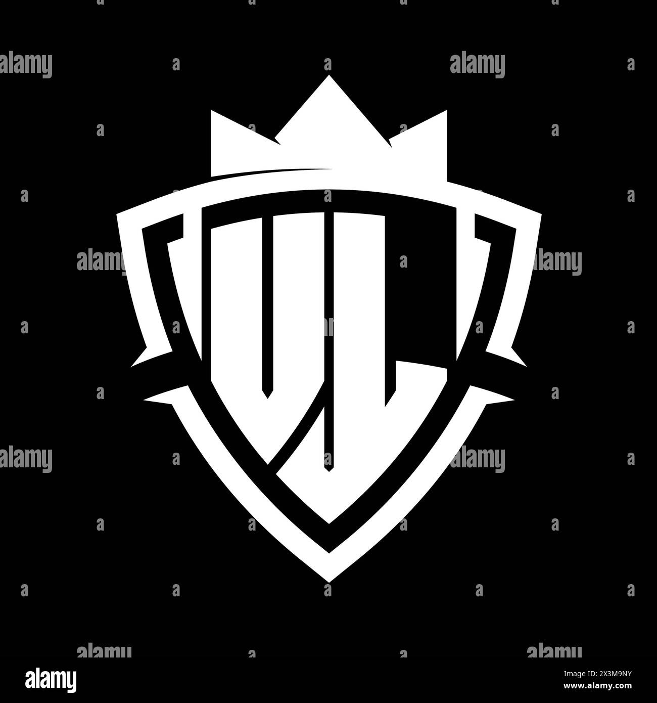 VL Letter bold monogram with triangle curve shield shape with crown white and black background ...