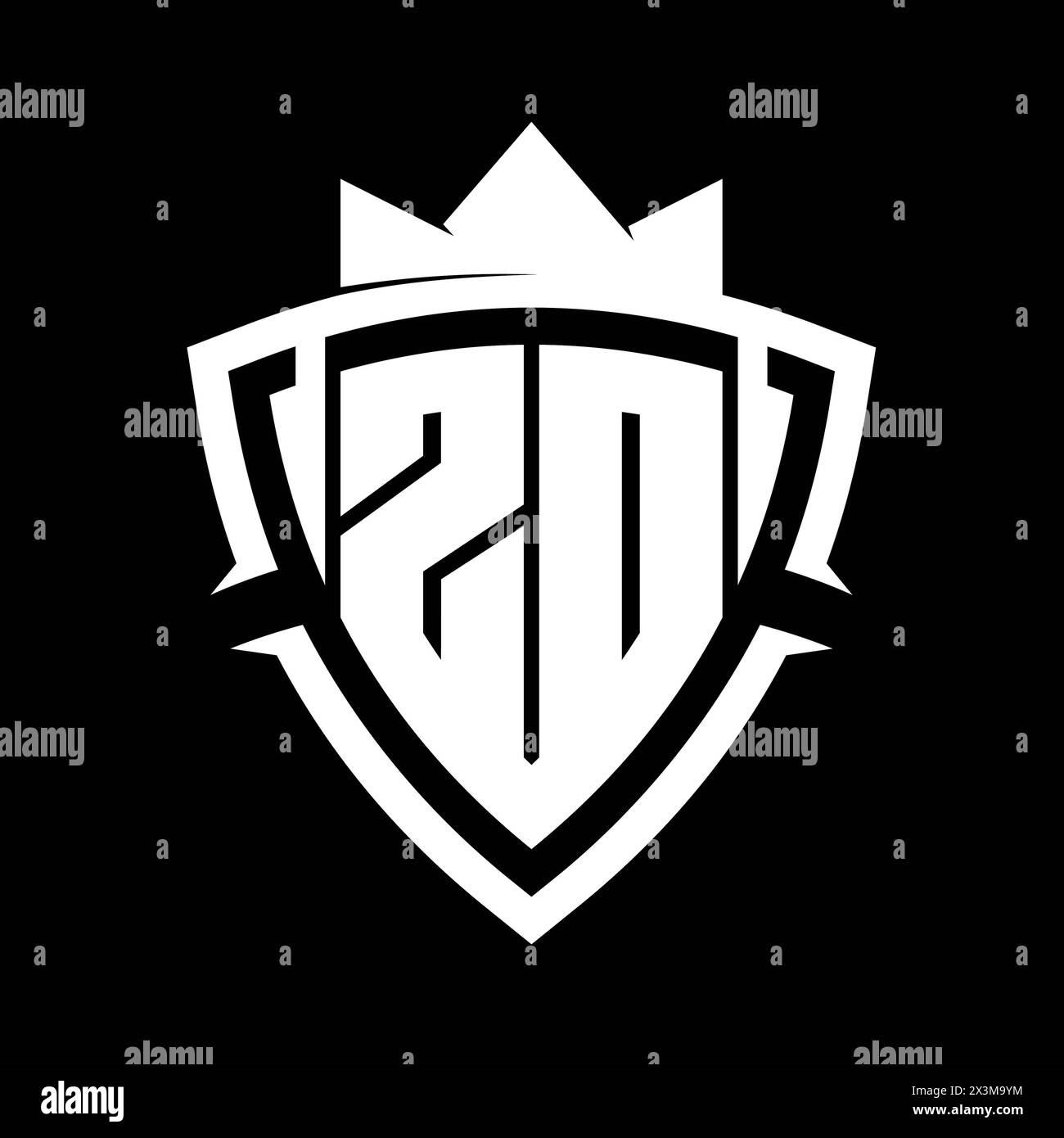 ZD Letter bold monogram with triangle curve shield shape with crown white and black background ...