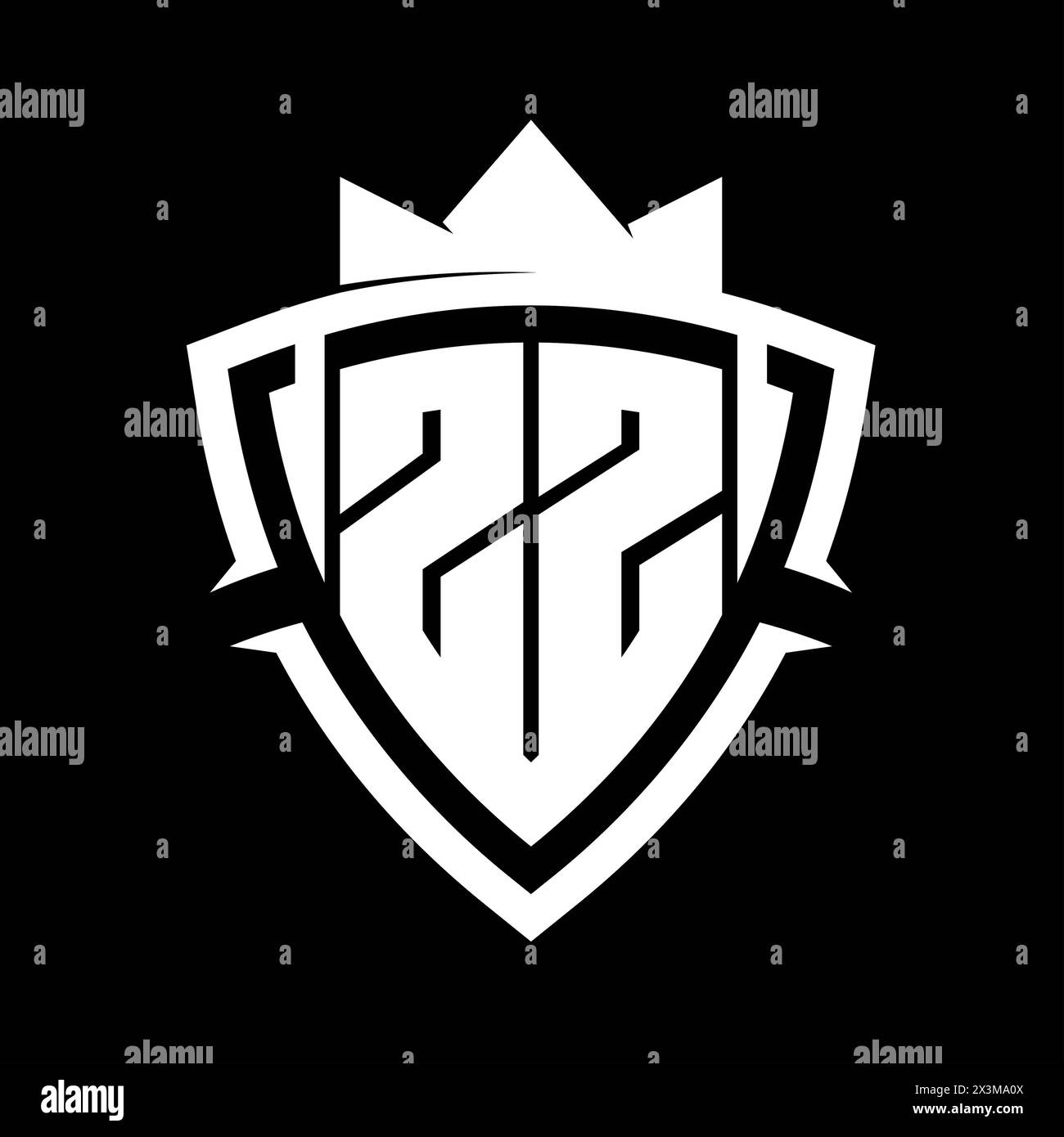 ZZ Letter bold monogram with triangle curve shield shape with crown white and black background ...
