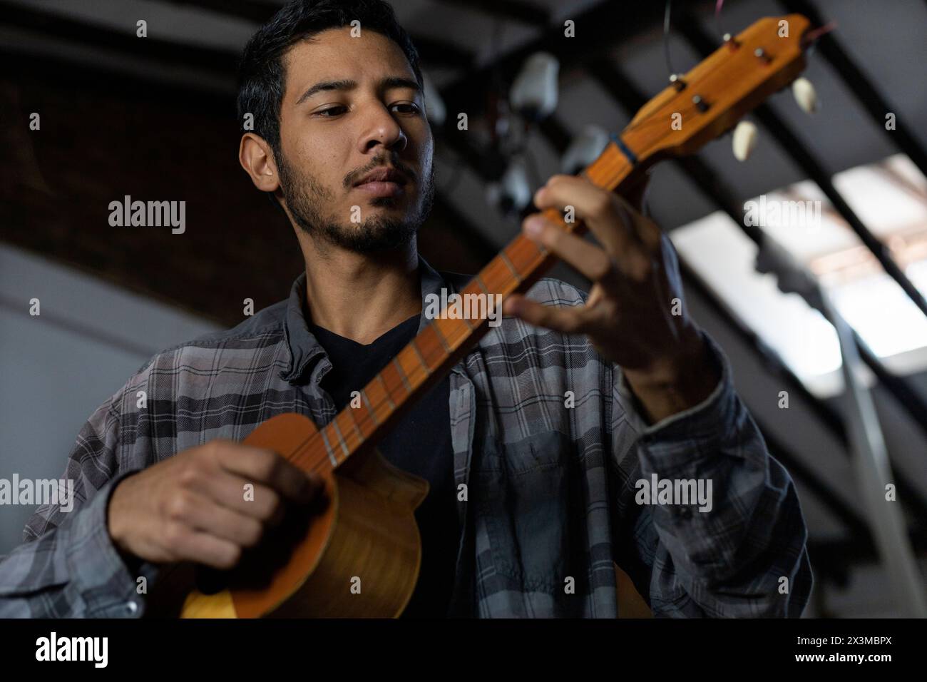 Latin American young man (24) playing a "Cuatro", a typical Venezuelan ...