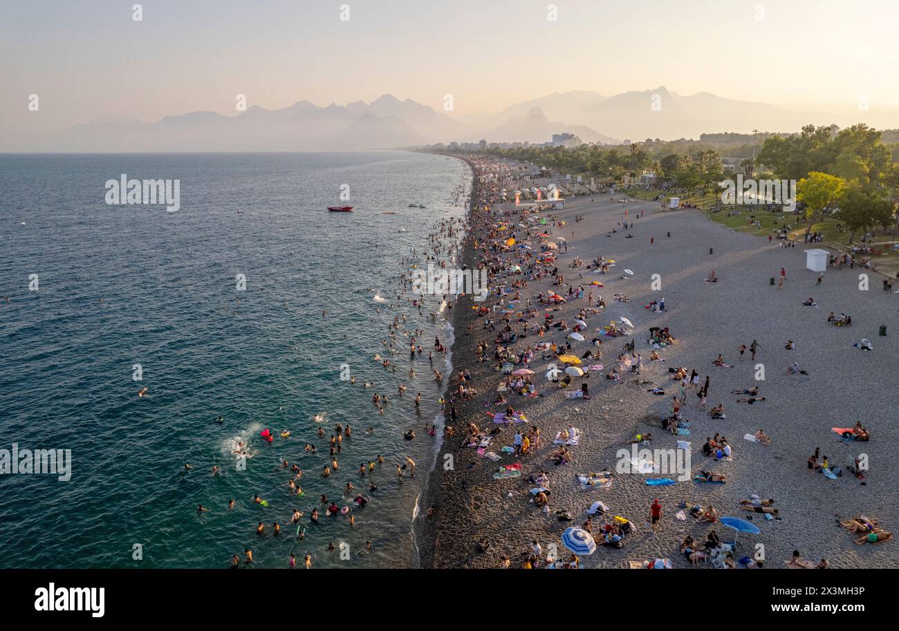 Aerial view of Konyaaltı Beach Antalya, Turkey. Crowd of people ...