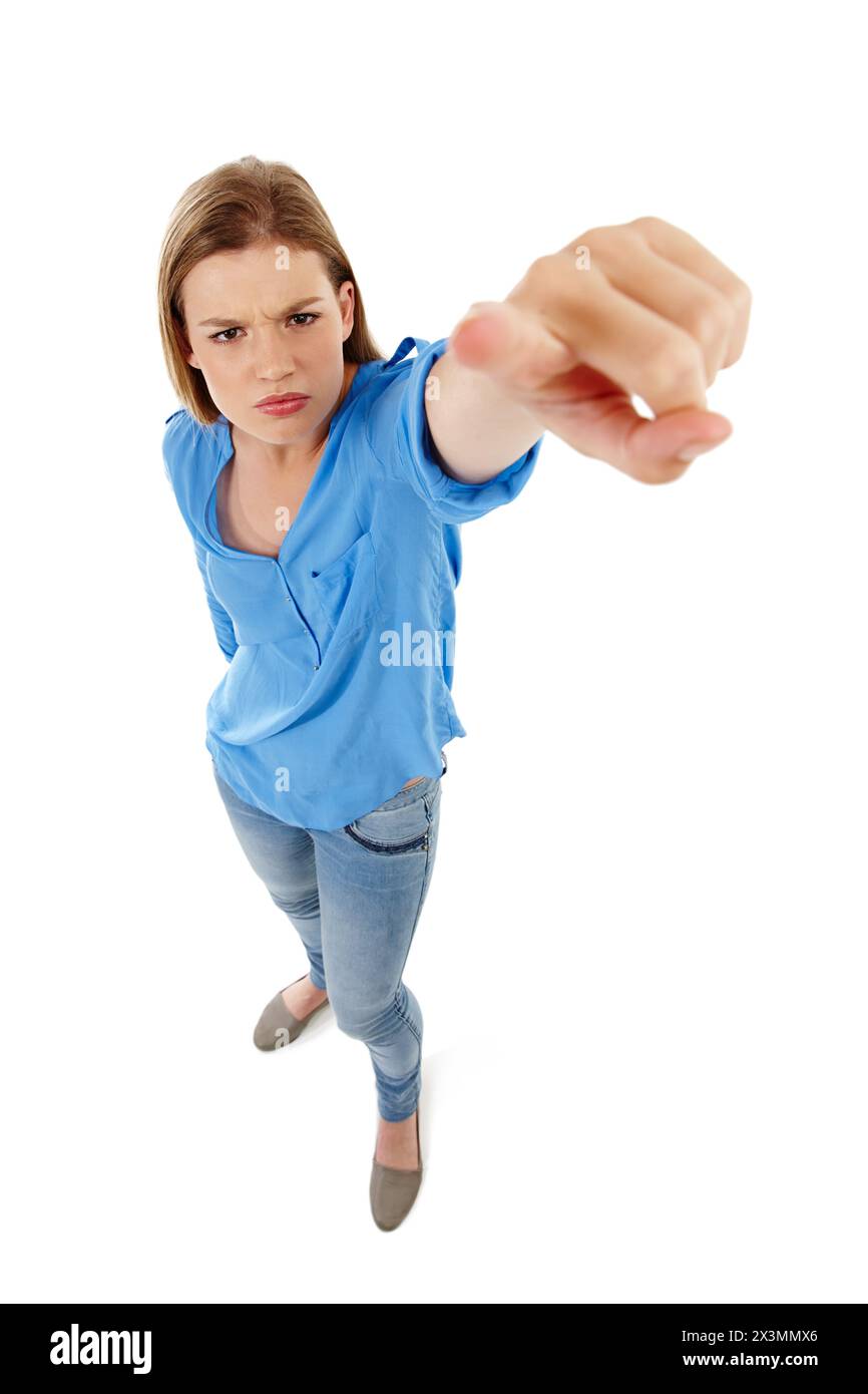 Portrait, top view and woman pointing to space, angry and girl on white ...