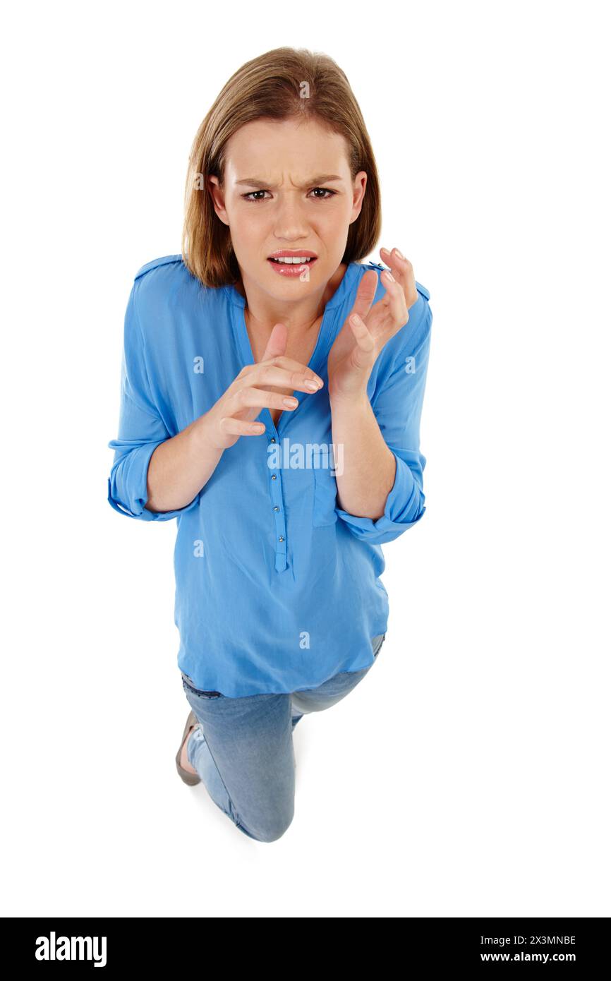 Fear, portrait and girl in studio confused by mistake, trauma or top ...