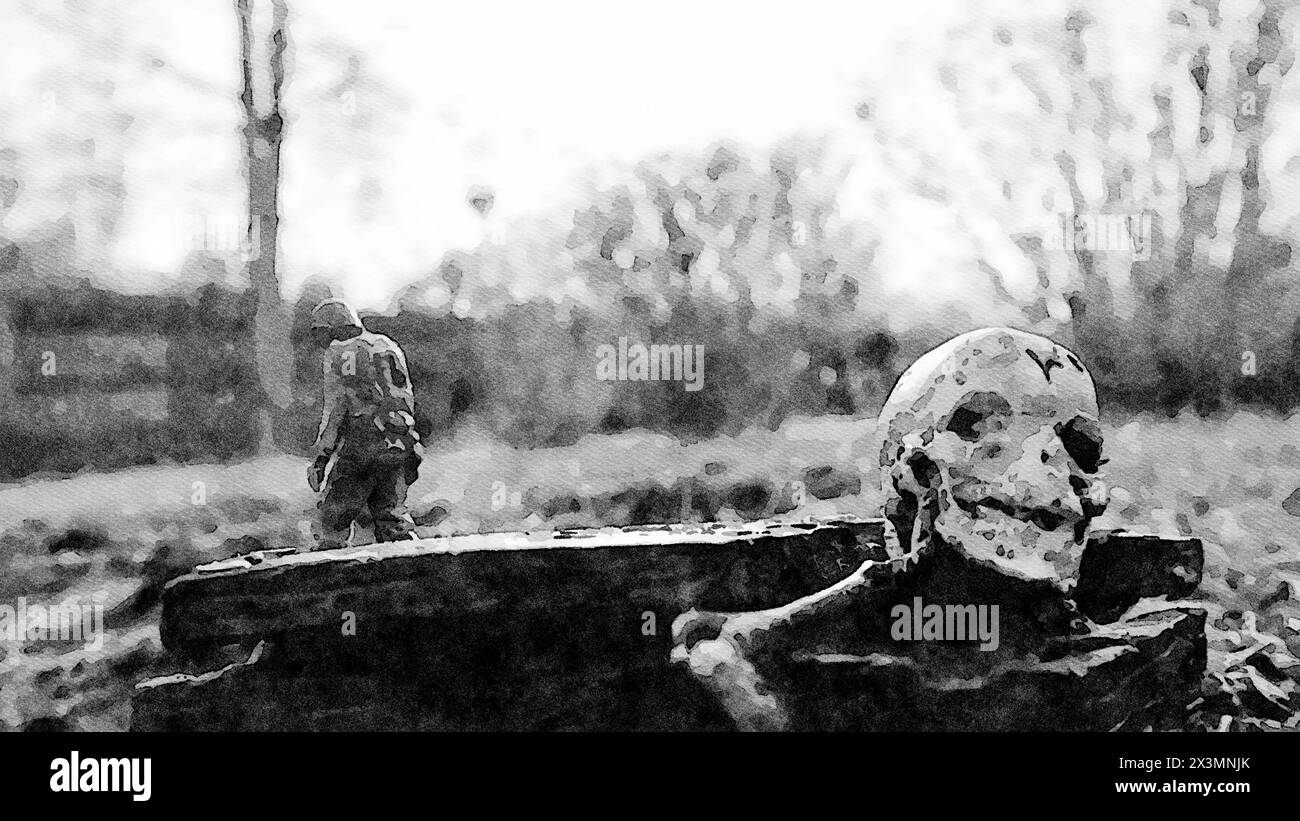 Watercolor representing a soldier and death. At the dawn of a new era ...
