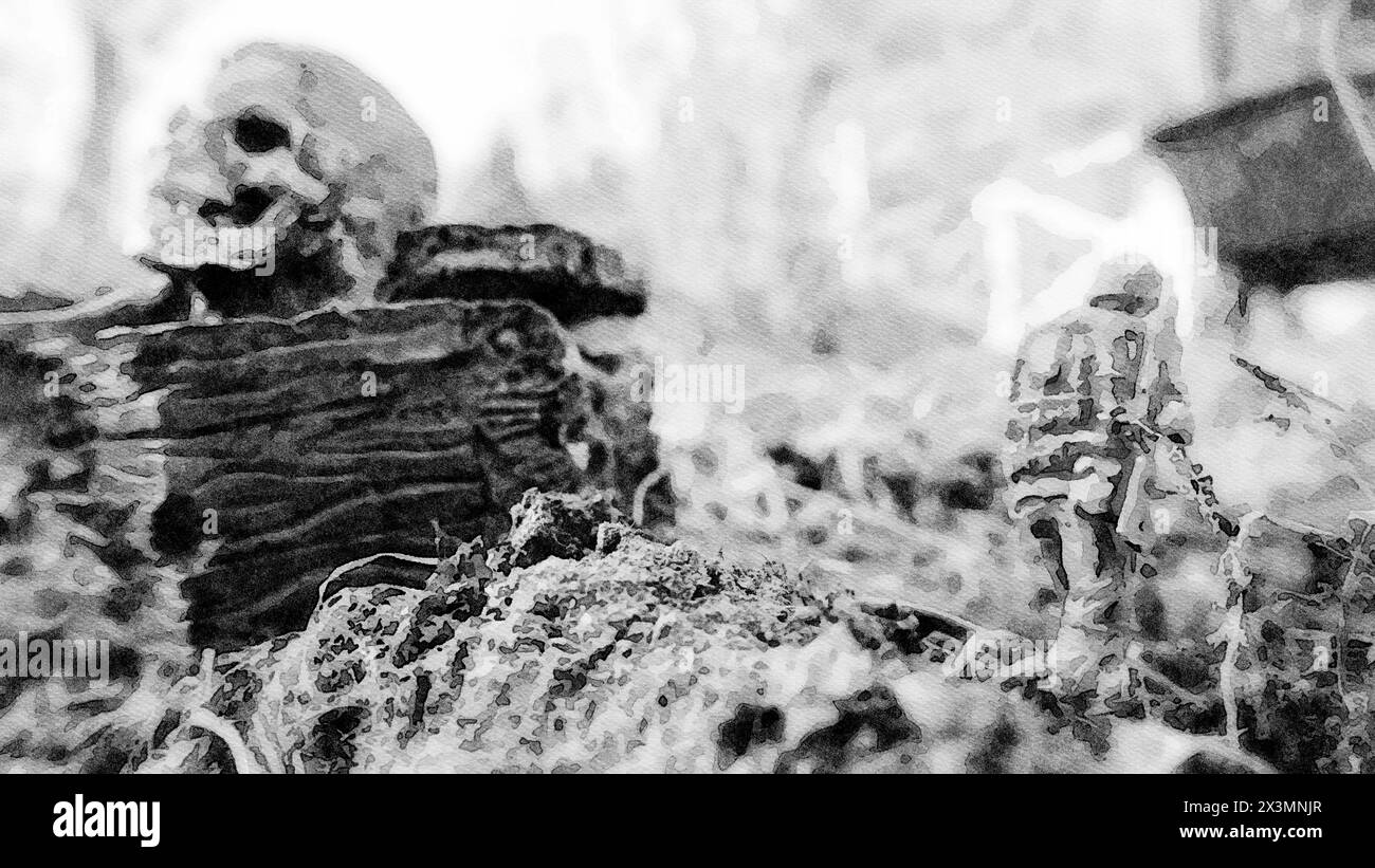 Watercolor representing a soldier and death. At the dawn of a new era ...