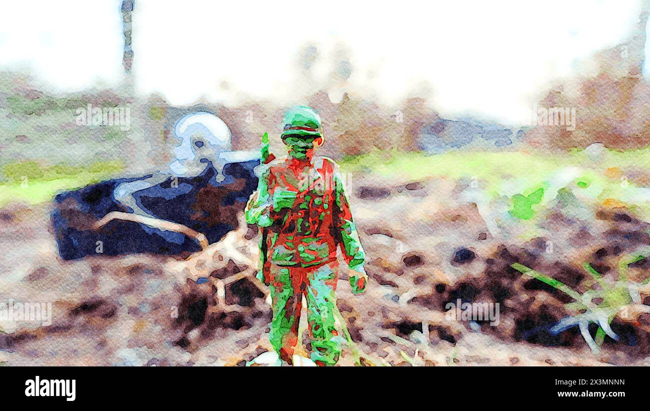 Watercolor representing a soldier and death. At the dawn of a new era ...