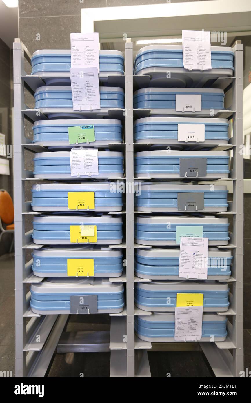 Food trays, hospital menu preparation in industrial kitchen ...