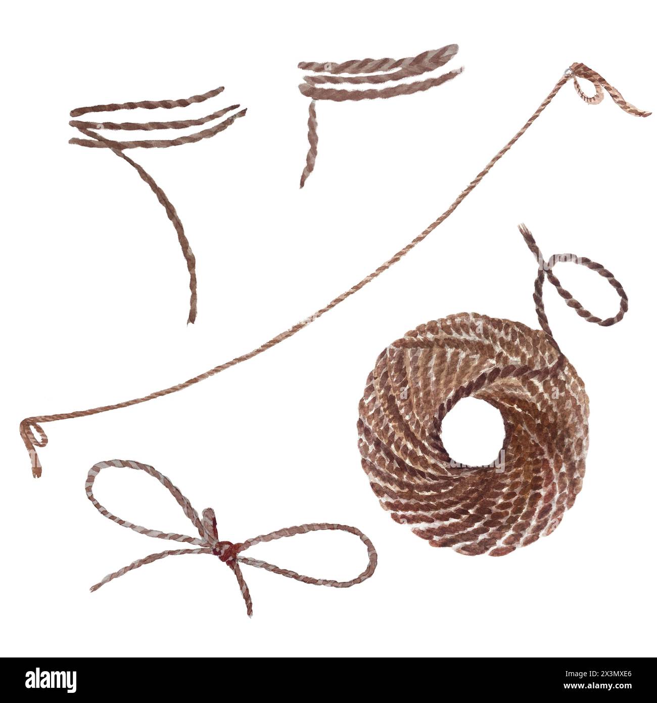 Jute rope set, tied in a ribbon, in a ball, wrapped, stretched for ...