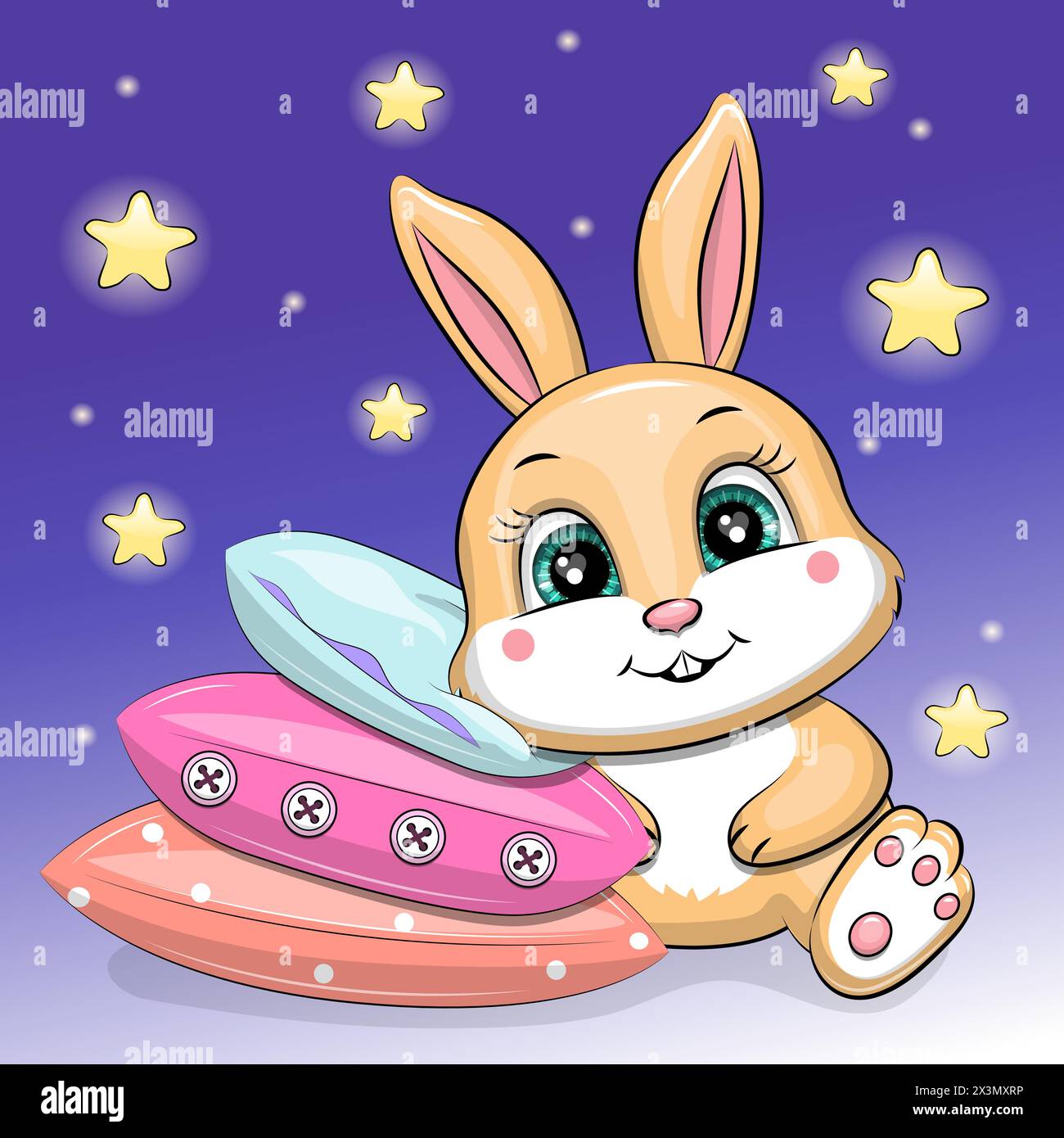 Cute cartoon rabbit id going to sleep on colorful pillows. Night vector ...
