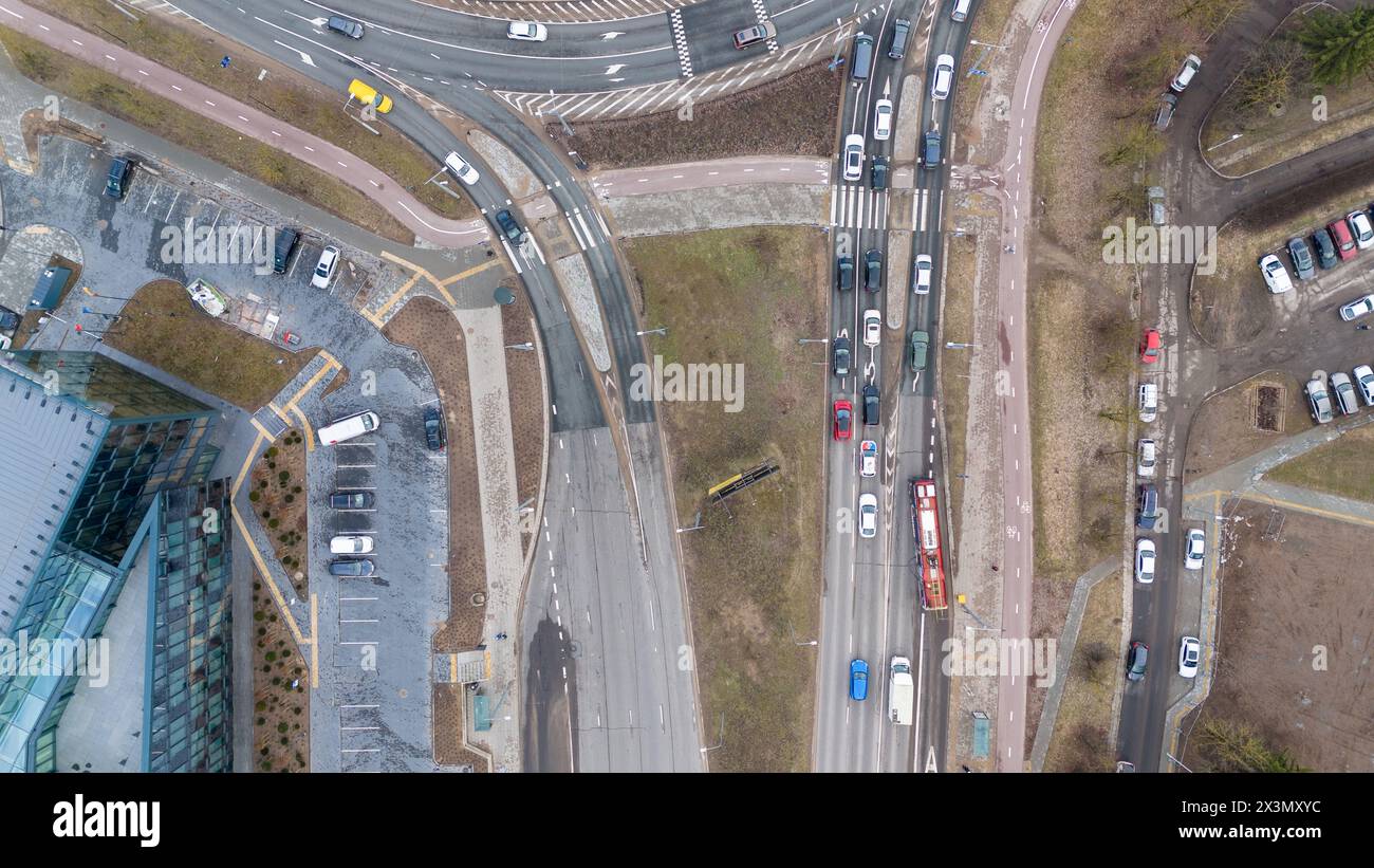Drone photography of multiple lane road going to ring intersection in a ...
