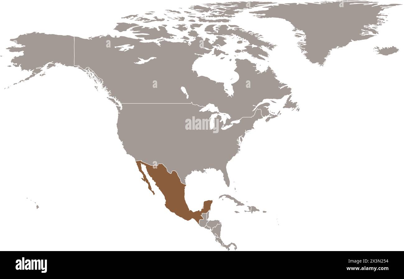 Dark brown map of MEXICO inside light brown map of the North American ...