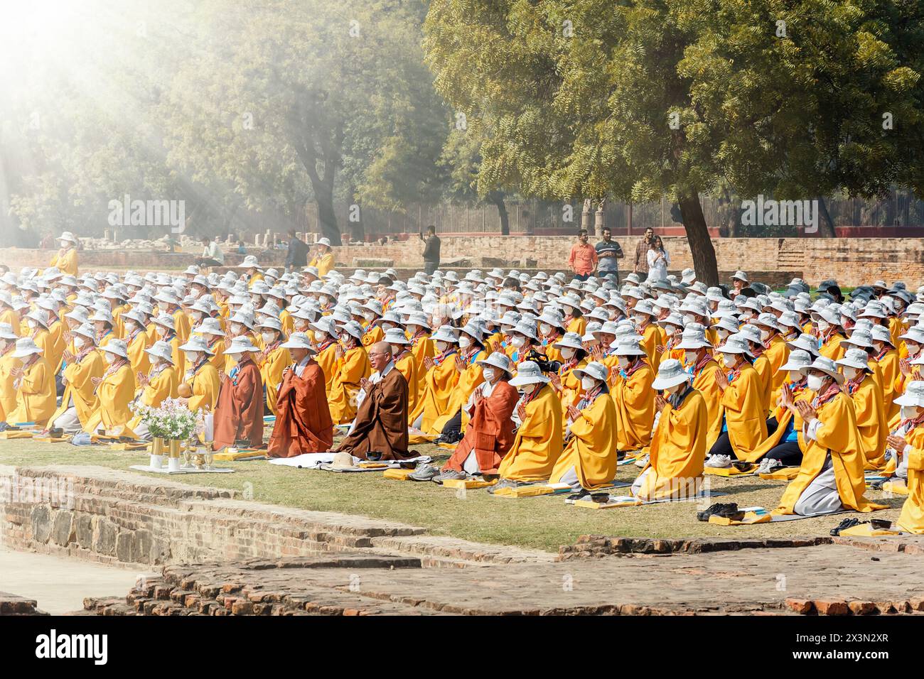 Sarnath UP, India 02.08.2023 Buddhist pilgrims pray in Sarnath near ...