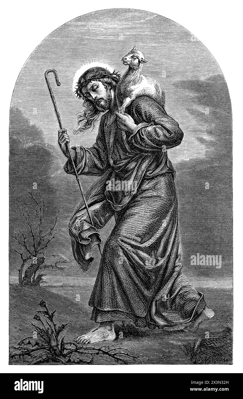 Vintage Victorian engraving of Jesus Christ as the good shepherd Stock ...