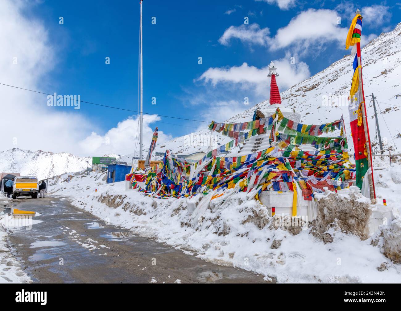 Prayer flags at the summit of the Chang La mountain pass at 17,590 feet ...