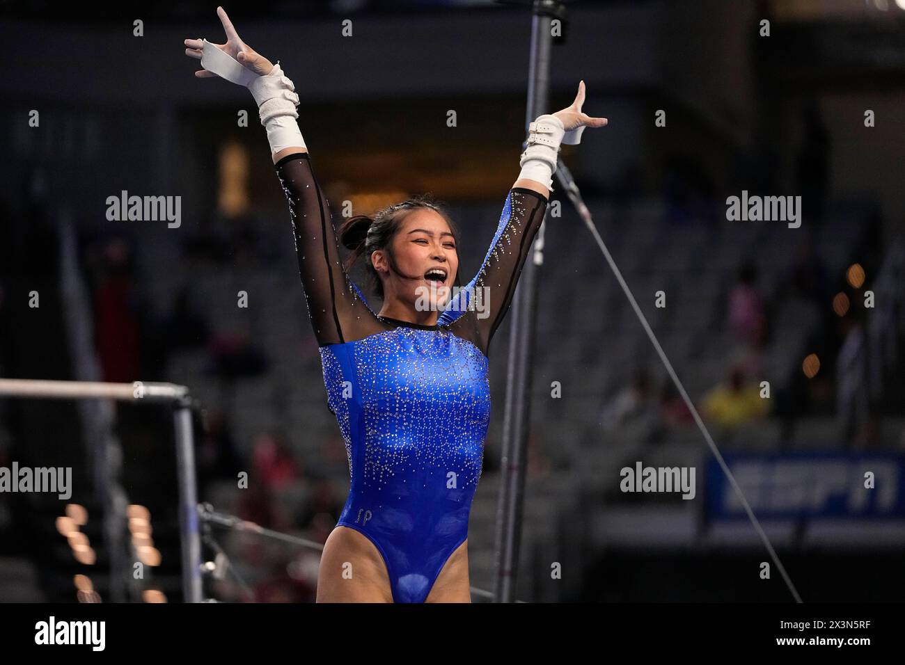 Florida's Victoria Nguyen competes on the uneven bars during the NCAA ...