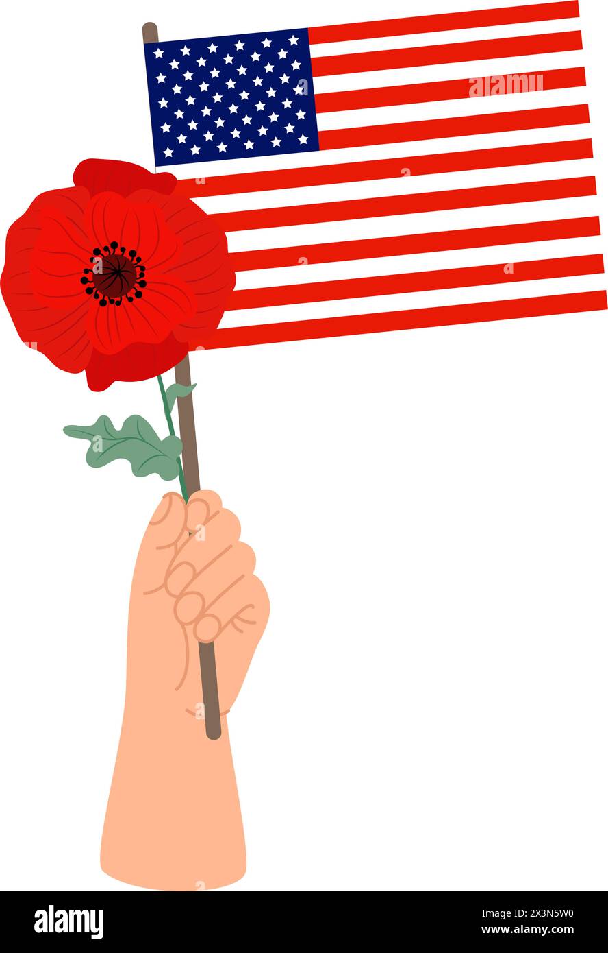 Hand with American flag and red poppy flower. Vector illustration in ...
