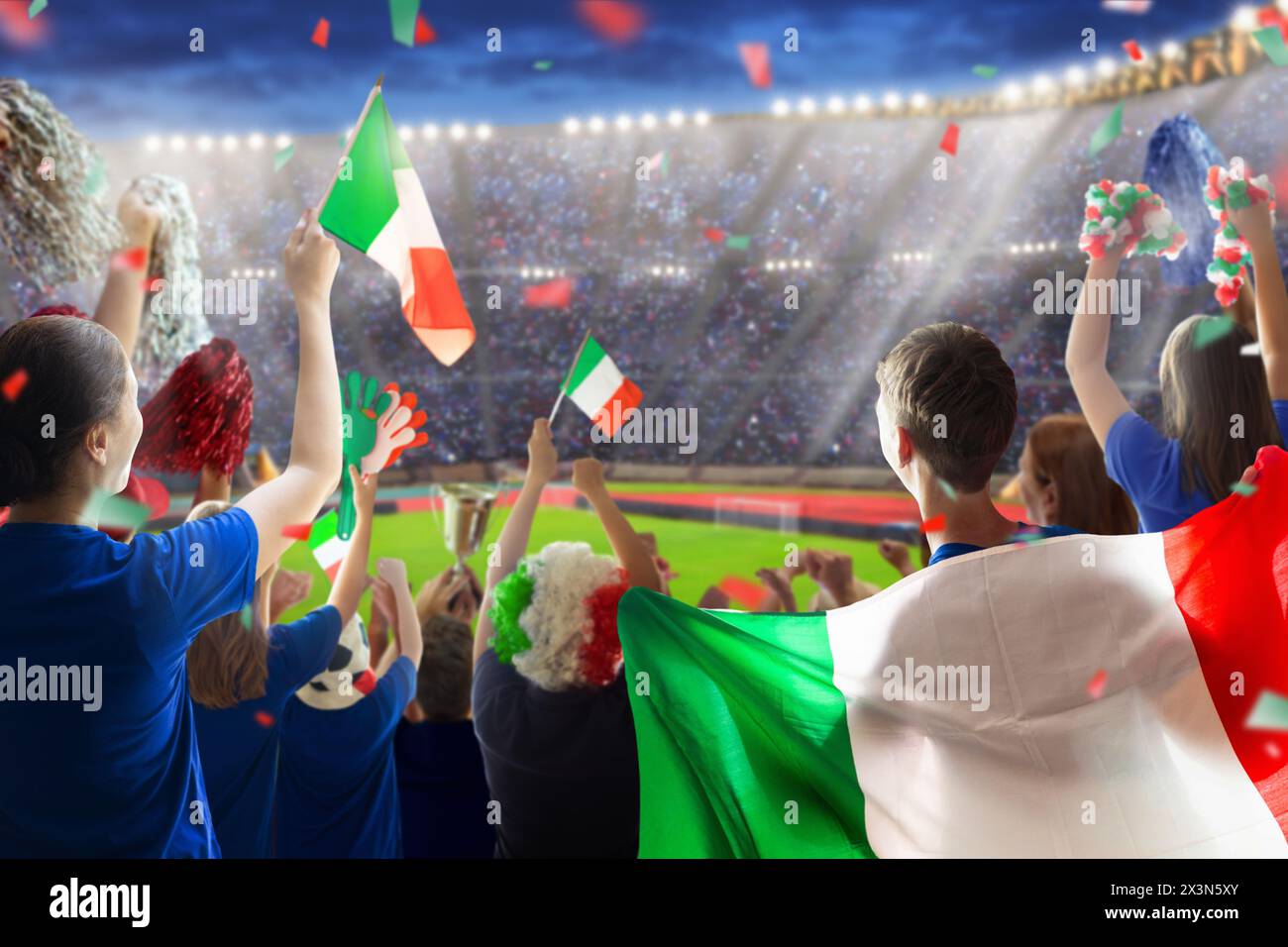 Italy football supporter on stadium. Italian fans on soccer pitch ...