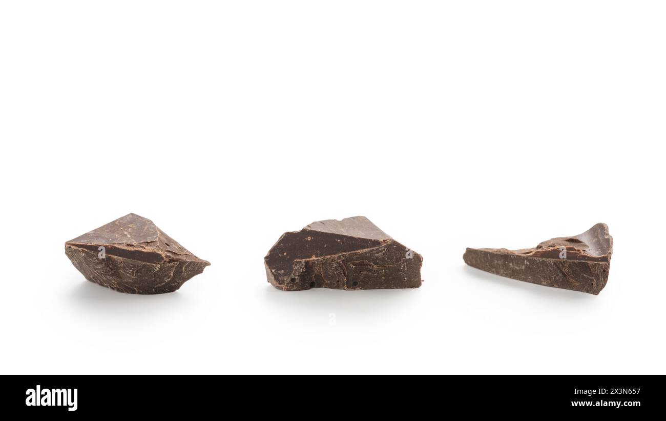 Set of dark chocolate chunks isolated on white background, side view ...