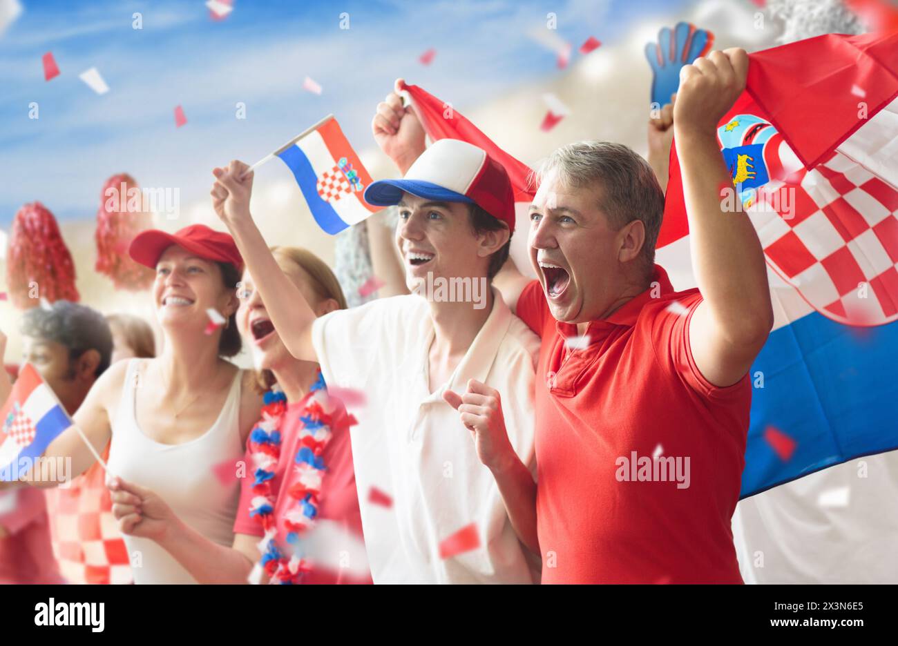 Croatia football supporter on stadium. Croatian fans cheer on soccer ...